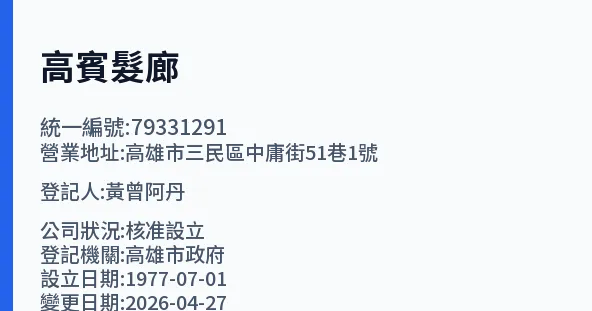 高賓髮廊的照片-統編 79331291(高雄市) 公司登記資料與營業項目詳細圖表