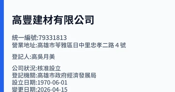 高豐建材有限公司的照片-統編 79331813(高雄市) 公司登記資料與營業項目詳細圖表