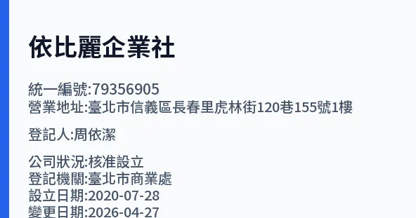 依比麗企業社的照片-統編 79356905(臺北市) 公司登記資料與營業項目詳細圖表