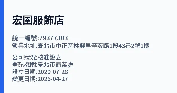 宏圉服飾店的照片-統編 79377303(臺北市) 公司登記資料與營業項目詳細圖表