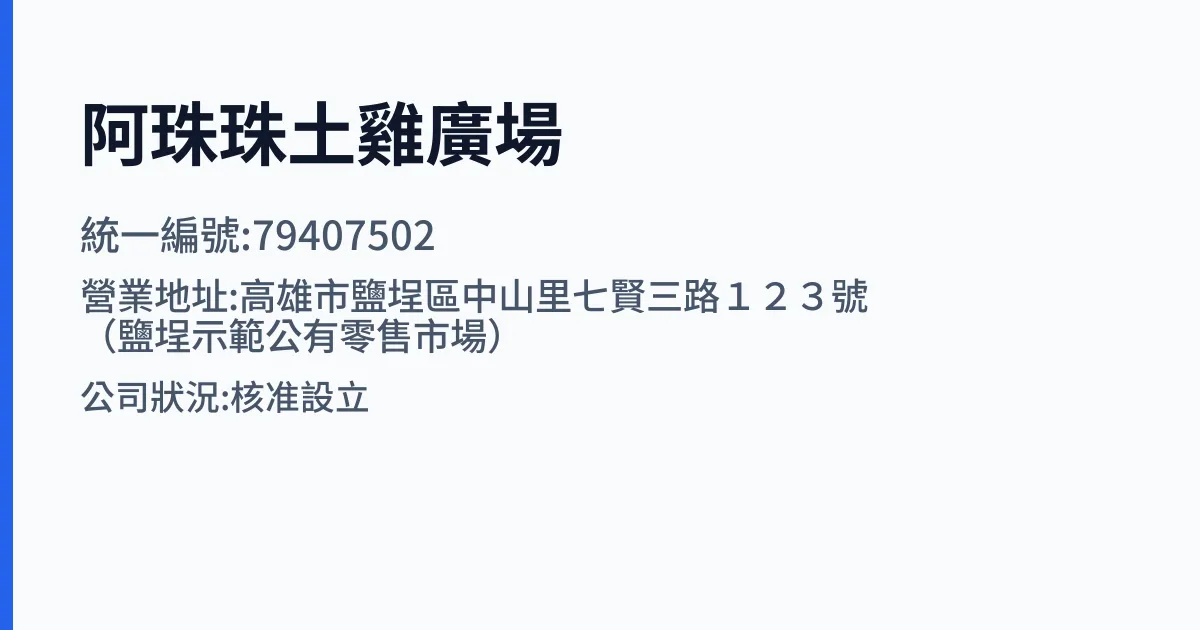 阿珠珠土雞廣場 - 統編 79407502(高雄市) 公司登記資料與營業項目詳細圖表