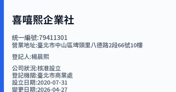喜嘻熙企業社的照片-統編 79411301(臺北市) 公司登記資料與營業項目詳細圖表