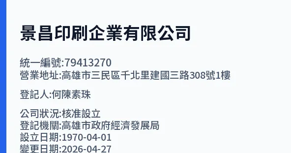 景昌印刷企業有限公司的照片-統編 79413270(高雄市) 公司登記資料與營業項目詳細圖表