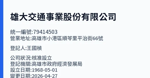 雄大交通事業股份有限公司的照片-統編 79414503(高雄市) 公司登記資料與營業項目詳細圖表