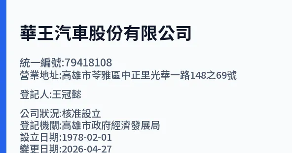 華王汽車股份有限公司的照片-統編 79418108(高雄市) 公司登記資料與營業項目詳細圖表