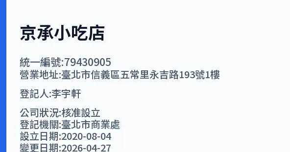京承小吃店的照片-統編 79430905(臺北市) 公司登記資料與營業項目詳細圖表