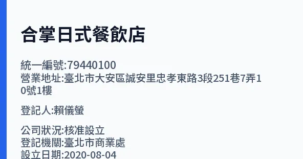 合掌日式餐飲店的照片-統編 79440100(臺北市) 公司登記資料與營業項目詳細圖表