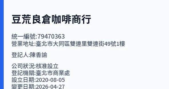 豆荒良倉咖啡商行的照片-統編 79470363(臺北市) 公司登記資料與營業項目詳細圖表