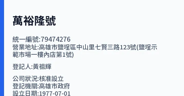 萬裕隆號的照片-統編 79474276(高雄市) 公司登記資料與營業項目詳細圖表