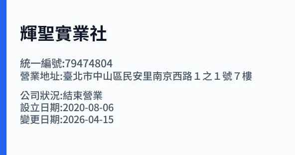 輝聖實業社的照片-統編 79474804(臺北市) 公司登記資料與營業項目詳細圖表