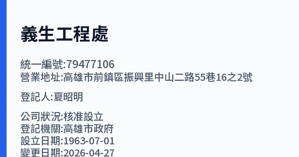 義生工程處的照片-統編 79477106(高雄市) 公司登記資料與營業項目詳細圖表