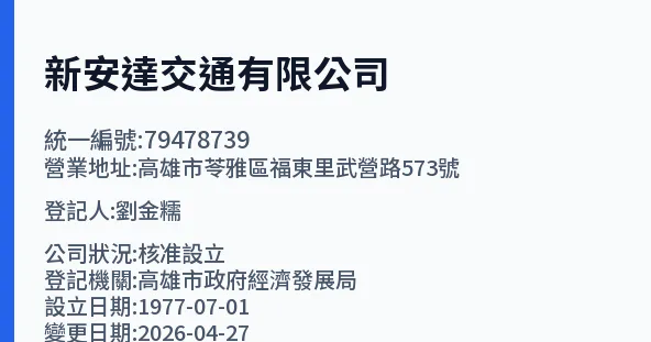 新安達交通有限公司的照片-統編 79478739(高雄市) 公司登記資料與營業項目詳細圖表