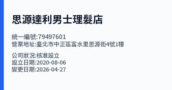 思源達利男士理髮店的照片-統編 79497601(臺北市) 公司登記資料與營業項目詳細圖表