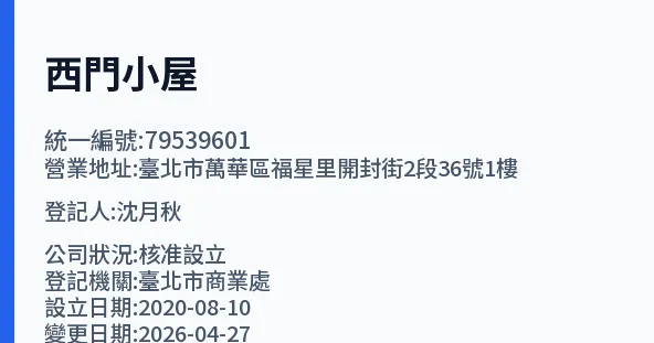 西門小屋的照片-統編 79539601(臺北市) 公司登記資料與營業項目詳細圖表