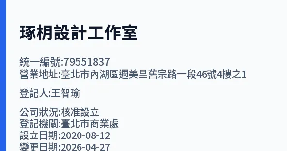 琢枂設計工作室的照片-統編 79551837(臺北市) 公司登記資料與營業項目詳細圖表