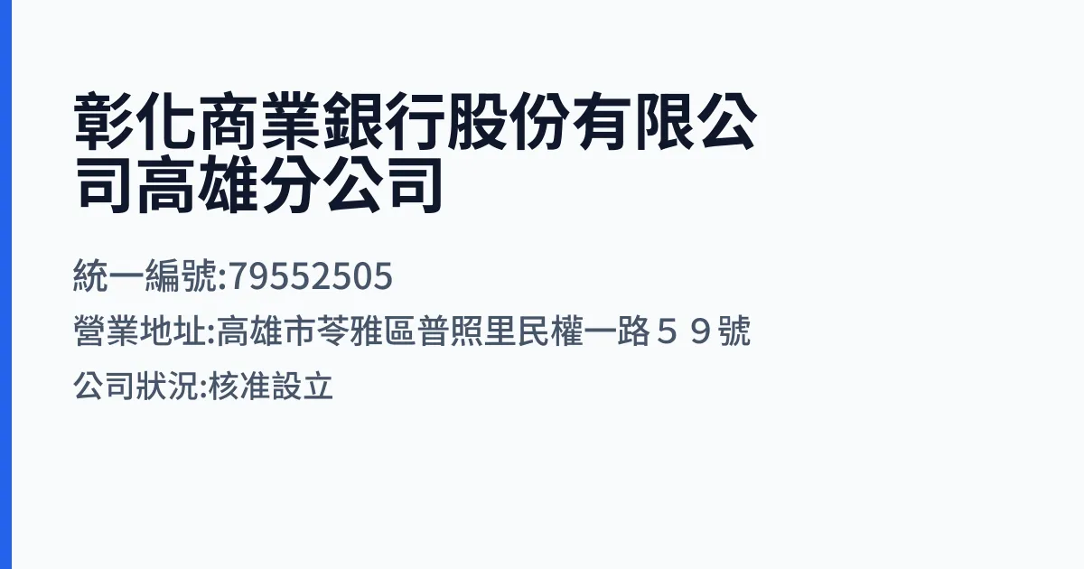 彰化商業銀行股份有限公司高雄分公司 - 統編 79552505(高雄市) 公司登記資料與營業項目詳細圖表