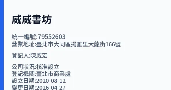 威威書坊的照片-統編 79552603(臺北市) 公司登記資料與營業項目詳細圖表