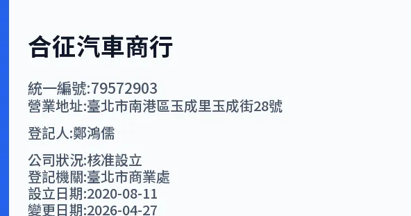 合征汽車商行的照片-統編 79572903(臺北市) 公司登記資料與營業項目詳細圖表