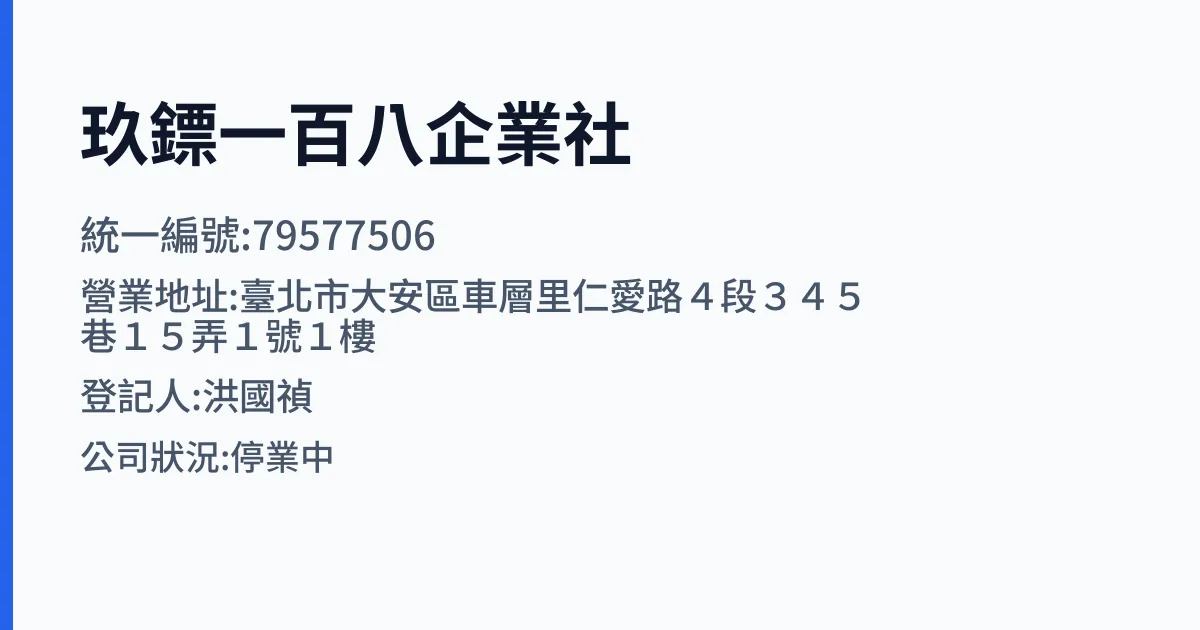 玖鏢一百八企業社 - 統編 79577506(臺北市) 公司登記資料與營業項目詳細圖表