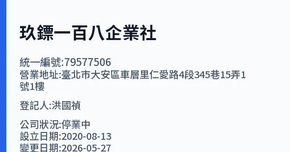玖鏢一百八企業社的照片-統編 79577506(臺北市) 公司登記資料與營業項目詳細圖表