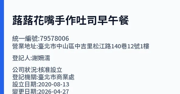蕗蕗花嘴手作吐司早午餐的照片-統編 79578006(臺北市) 公司登記資料與營業項目詳細圖表