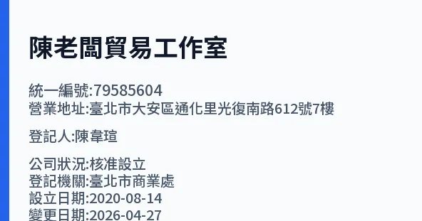 陳老闆貿易工作室的照片-統編 79585604(臺北市) 公司登記資料與營業項目詳細圖表