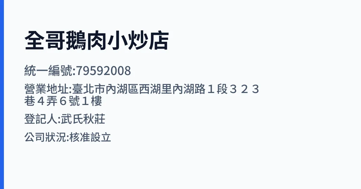 全哥鵝肉小炒店 - 統編 79592008(臺北市) 公司登記資料與營業項目詳細圖表