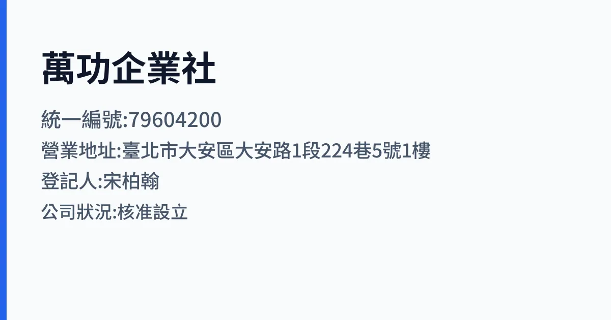 萬功企業社 - 統編 79604200(臺北市) 公司登記資料與營業項目詳細圖表