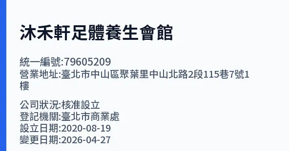沐禾軒足體養生會館的照片-統編 79605209(臺北市) 公司登記資料與營業項目詳細圖表