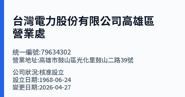 台灣電力股份有限公司高雄區營業處的照片-統編 79634302(高雄市) 公司登記資料與營業項目詳細圖表