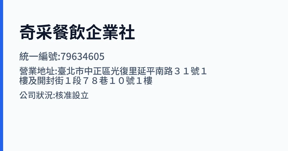 奇采餐飲企業社 - 統編 79634605(臺北市) 公司登記資料與營業項目詳細圖表