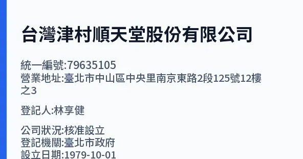 台灣津村順天堂股份有限公司的照片-統編 79635105(臺北市) 公司登記資料與營業項目詳細圖表
