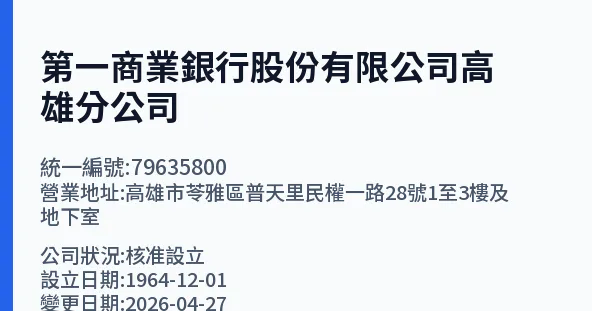 第一商業銀行股份有限公司高雄分公司的照片-統編 79635800(高雄市) 公司登記資料與營業項目詳細圖表