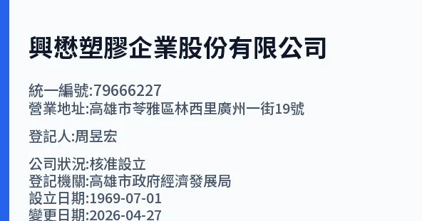 興懋塑膠企業股份有限公司的照片-統編 79666227(高雄市) 公司登記資料與營業項目詳細圖表