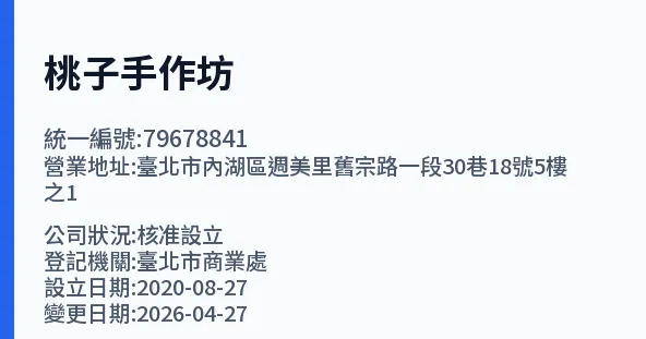 桃子手作坊的照片-統編 79678841(臺北市) 公司登記資料與營業項目詳細圖表
