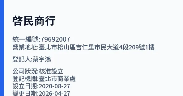 啓民商行的照片-統編 79692007(臺北市) 公司登記資料與營業項目詳細圖表