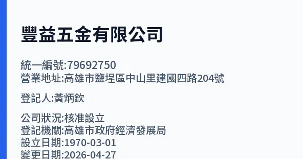 豐益五金有限公司的照片-統編 79692750(高雄市) 公司登記資料與營業項目詳細圖表