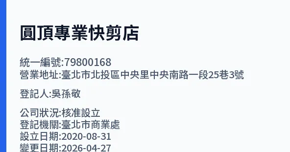 圓頂專業快剪店的照片-統編 79800168(臺北市) 公司登記資料與營業項目詳細圖表