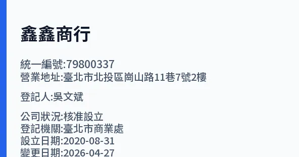 鑫鑫商行的照片-統編 79800337(臺北市) 公司登記資料與營業項目詳細圖表