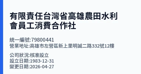有限責任台灣省高雄農田水利會員工消費合作社的照片-統編 79800441(高雄市) 公司登記資料與營業項目詳細圖表