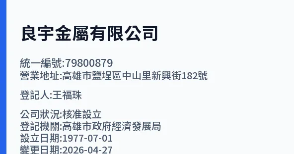 良宇金屬有限公司的照片-統編 79800879(高雄市) 公司登記資料與營業項目詳細圖表