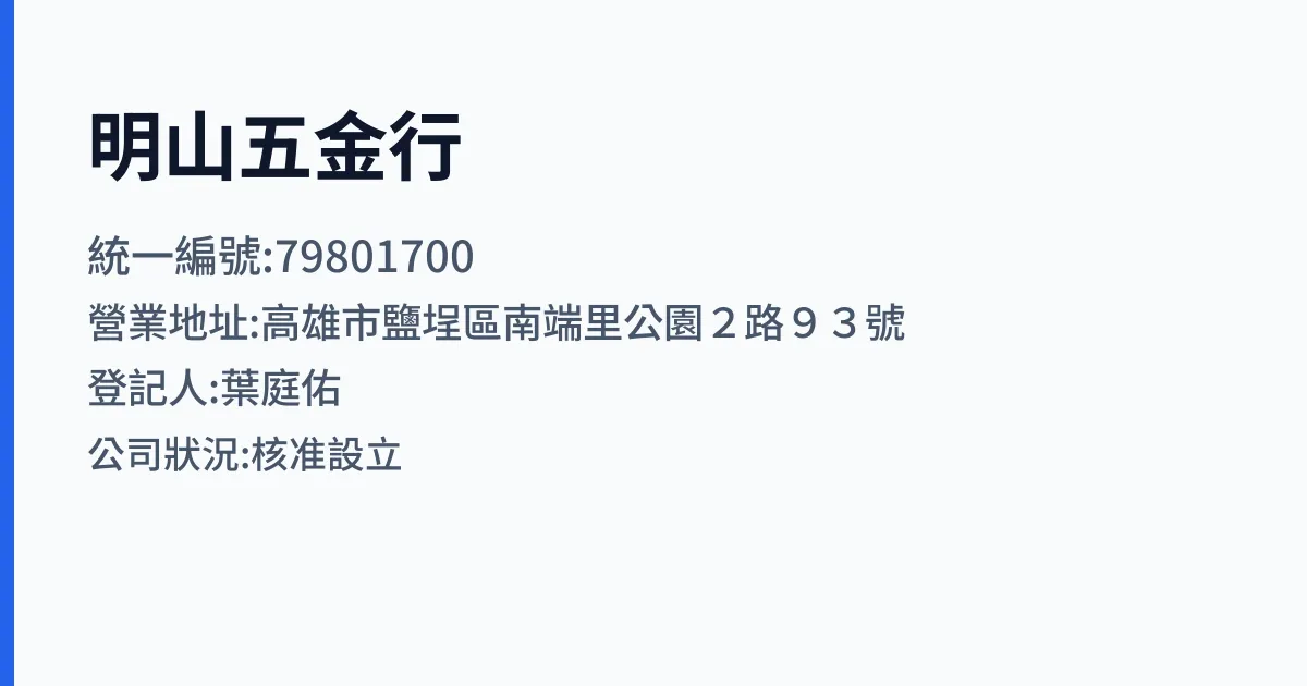 明山五金行 - 統編 79801700(高雄市) 公司登記資料與營業項目詳細圖表