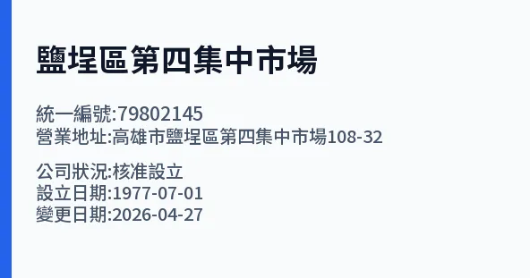 鹽埕區第四集中市場的照片-統編 79802145(高雄市) 公司登記資料與營業項目詳細圖表