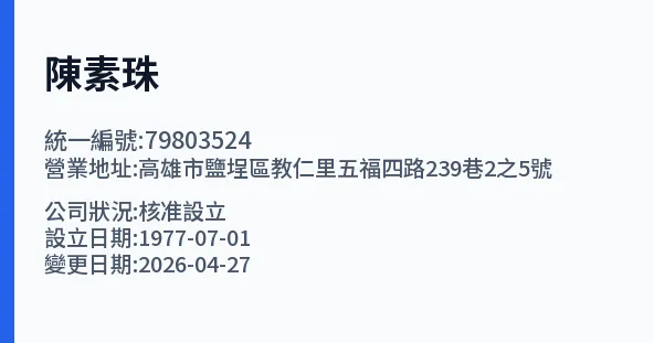 陳素珠的照片-統編 79803524(高雄市) 公司登記資料與營業項目詳細圖表