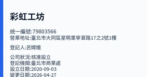 彩虹工坊的照片-統編 79803566(臺北市) 公司登記資料與營業項目詳細圖表