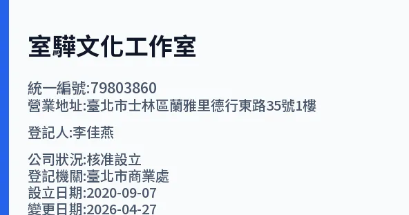 室驊文化工作室的照片-統編 79803860(臺北市) 公司登記資料與營業項目詳細圖表
