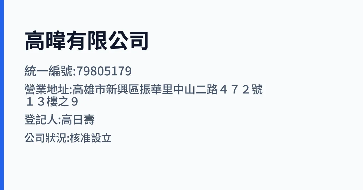 高暐有限公司 - 統編 79805179(高雄市) 公司登記資料與營業項目詳細圖表