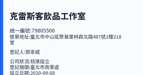 克雷斯客飲品工作室的照片-統編 79805500(臺北市) 公司登記資料與營業項目詳細圖表