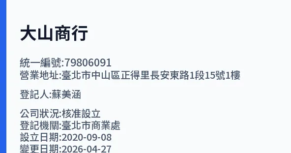 大山商行的照片-統編 79806091(臺北市) 公司登記資料與營業項目詳細圖表