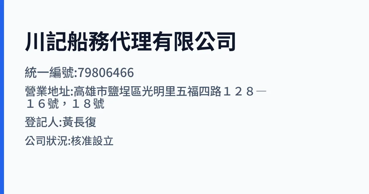 川記船務代理有限公司 - 統編 79806466(高雄市) 公司登記資料與營業項目詳細圖表